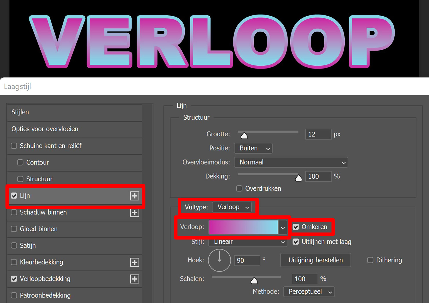 Tekst met verloop en omgekeerd gekleurde omlijning in Photoshop maken